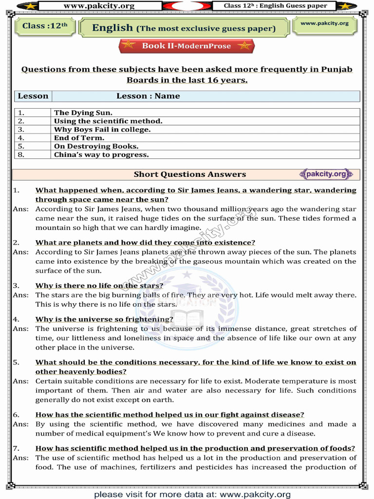 12th Class English Guess Paper | PDF