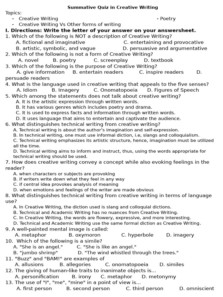 Summative Quiz in Creative Writing 1st Quarter | PDF | Poetry | Rhyme
