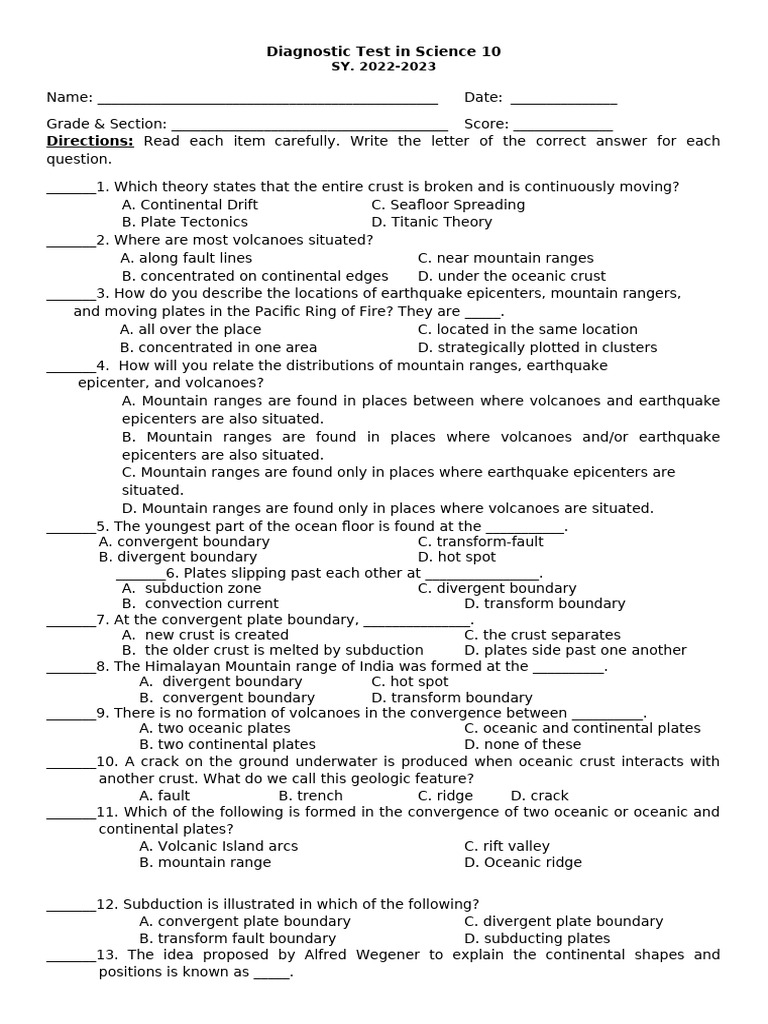 Science 10 - Diagnostic Test | PDF | Plate Tectonics | Macromolecules