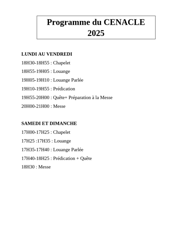 Horário das Atividades do Cénacle 2025 | PDF