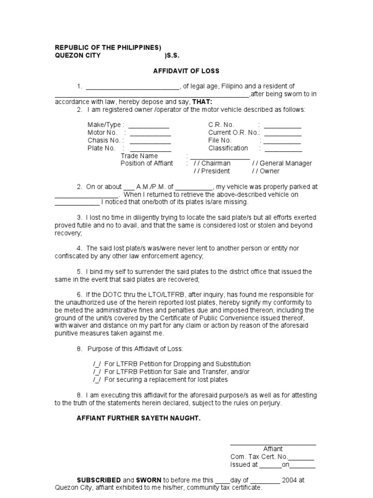 Affidavit Loss Motor Vehicle Plate | PDF | Affidavit | Public Law