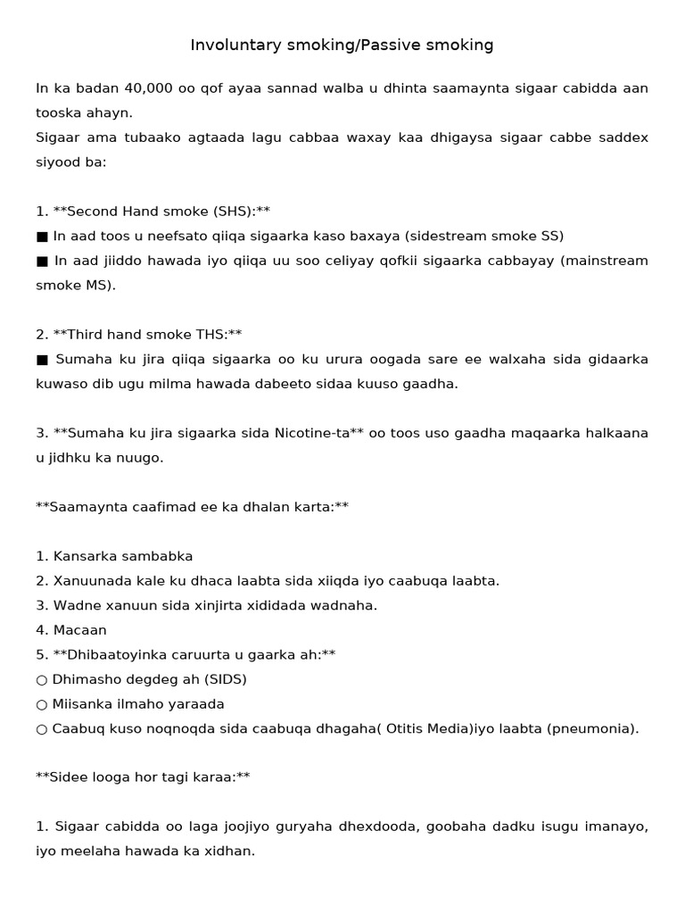 Passive Smoking Somali Unicode | PDF