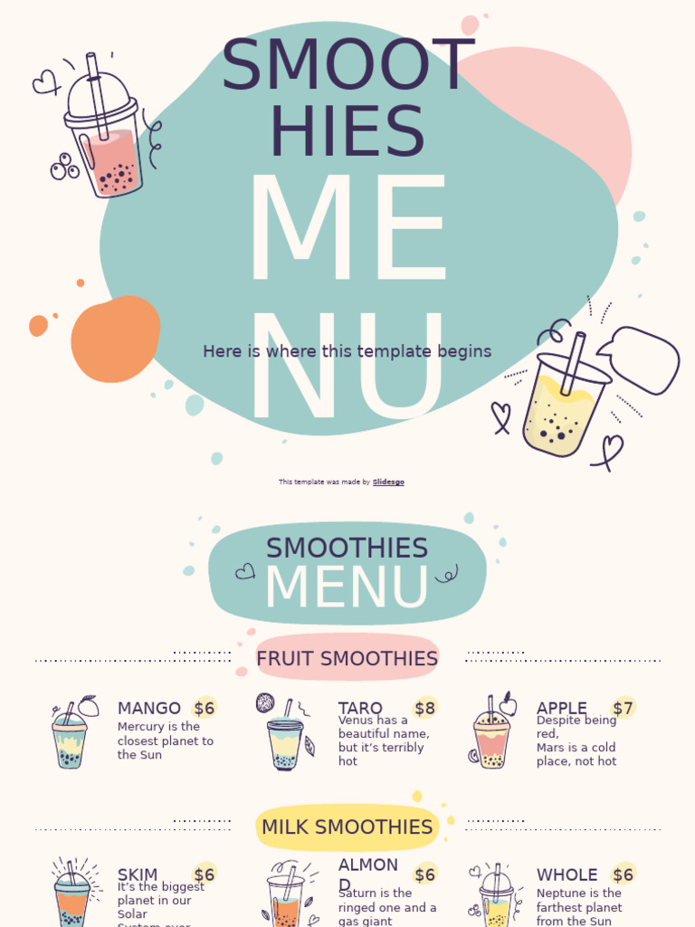 Smoothies Menu Template for Slides | PDF | Planets | Saturn
