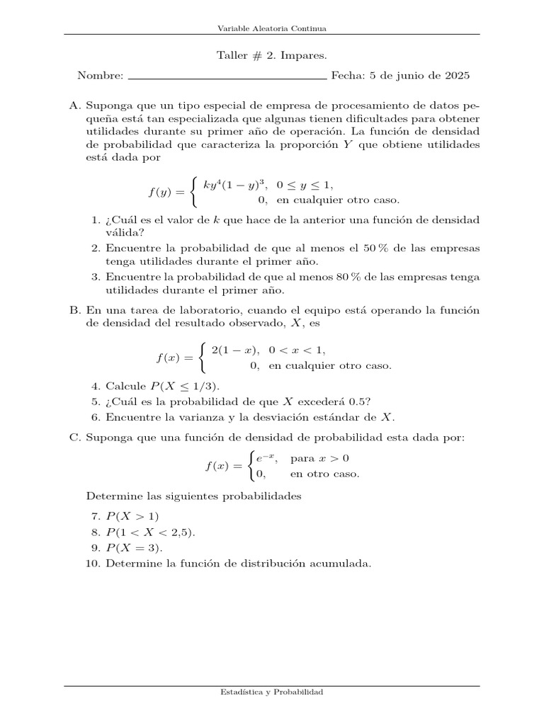 Variable Aleatoria Continua Quiz 1 Impares | PDF