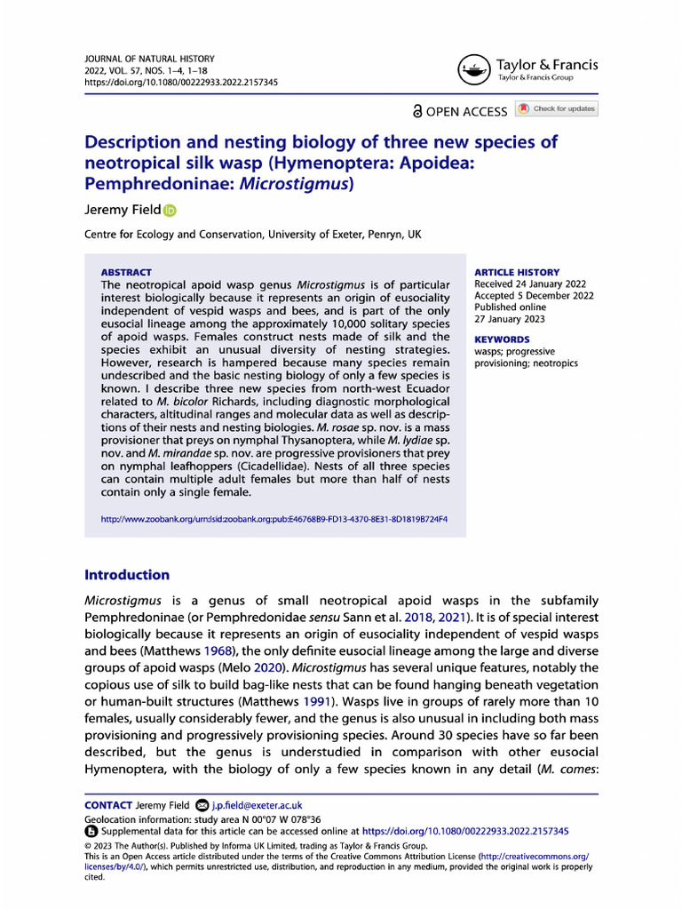 Description and Nesting Biology of Three New Species of Neotropical ...