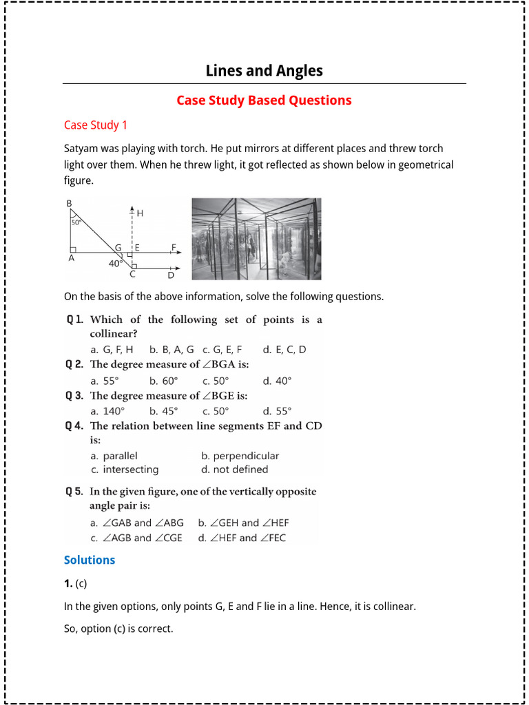 Lines and Angles Case Study Questions | PDF