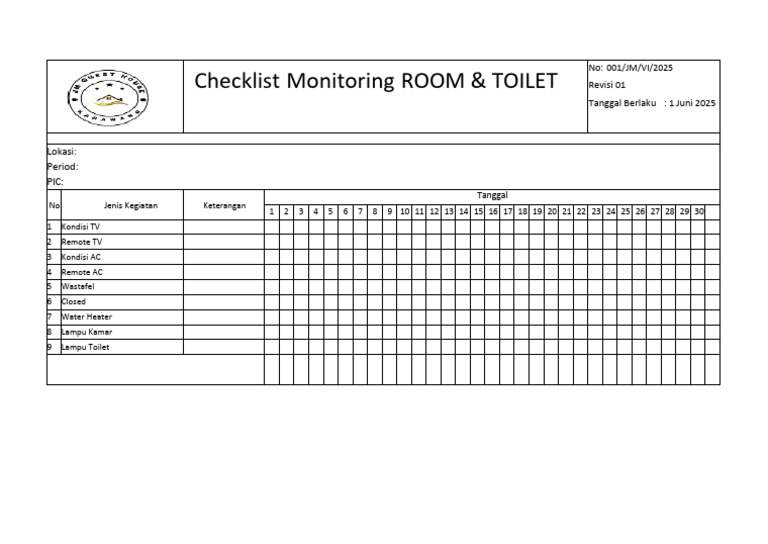 Checklist Kebersihan Toilet dan Ruangan | PDF