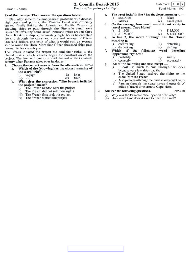 SSC Eglish 1st Paper Question 2015 Comilla Board | PDF
