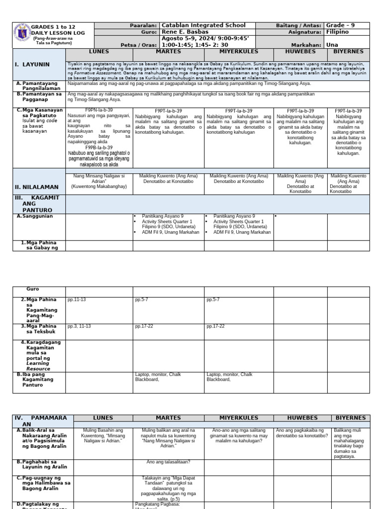 DLL Filipino 9 Week #2 | PDF