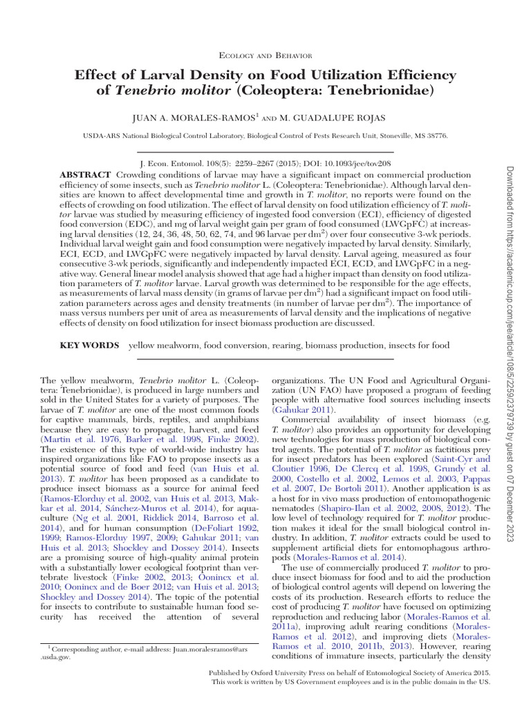 Effect of Larval Density On Food Utilization Efficiency of Tenebrio Molitor | PDF | Insects