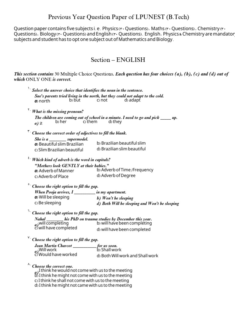 LPUNEST BTech 2024 Previous Year Paper PDF | PDF | Physical Quantities ...