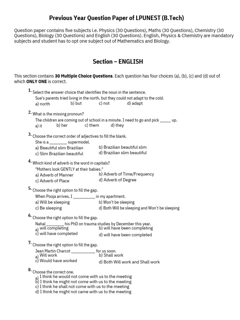 LPUNEST BTech 2024 Previous Year Paper PDF | PDF | Mass | Acceleration