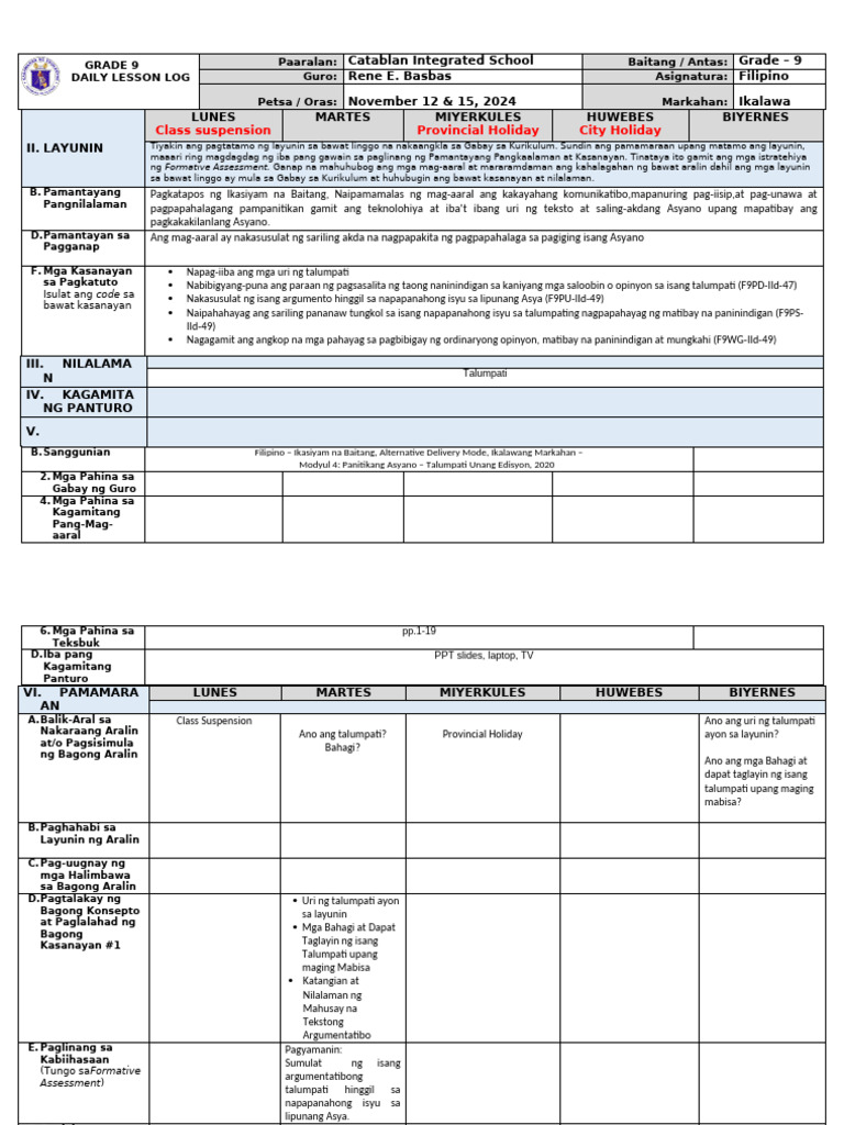 DLL Filipino 9 Week #6 | PDF