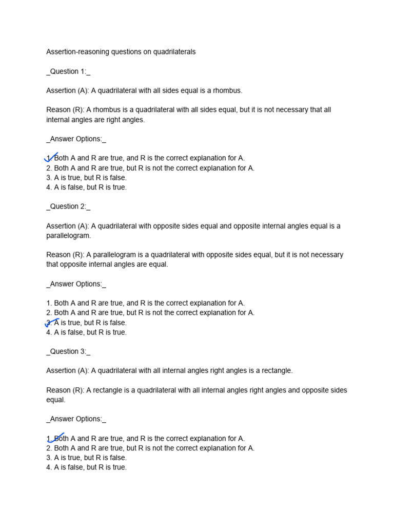 Assertion-Reasoning Questions On Quadrilaterals | PDF | Rectangle | Euclidean Plane Geometry