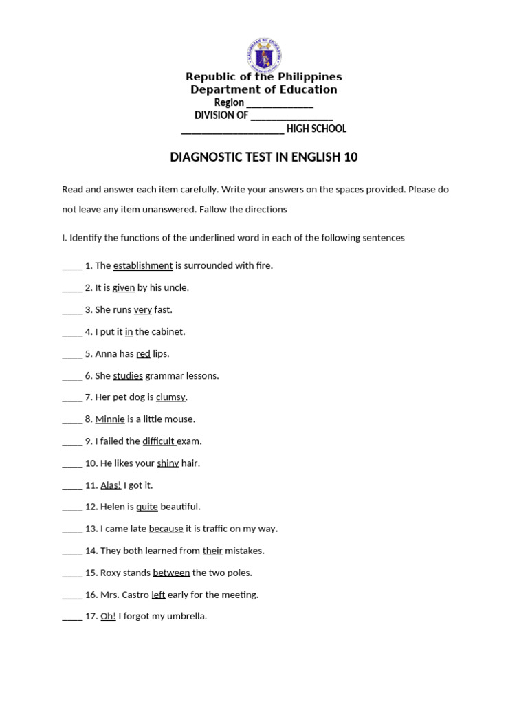 English 10 Diagnostic Test Guide | PDF | Adjective | Verb