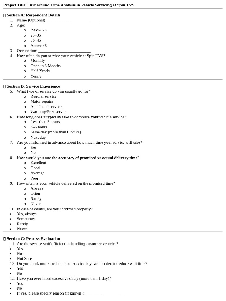 Turnaround Time Analysis in Vehicle Servicing at Spin TVS | PDF ...