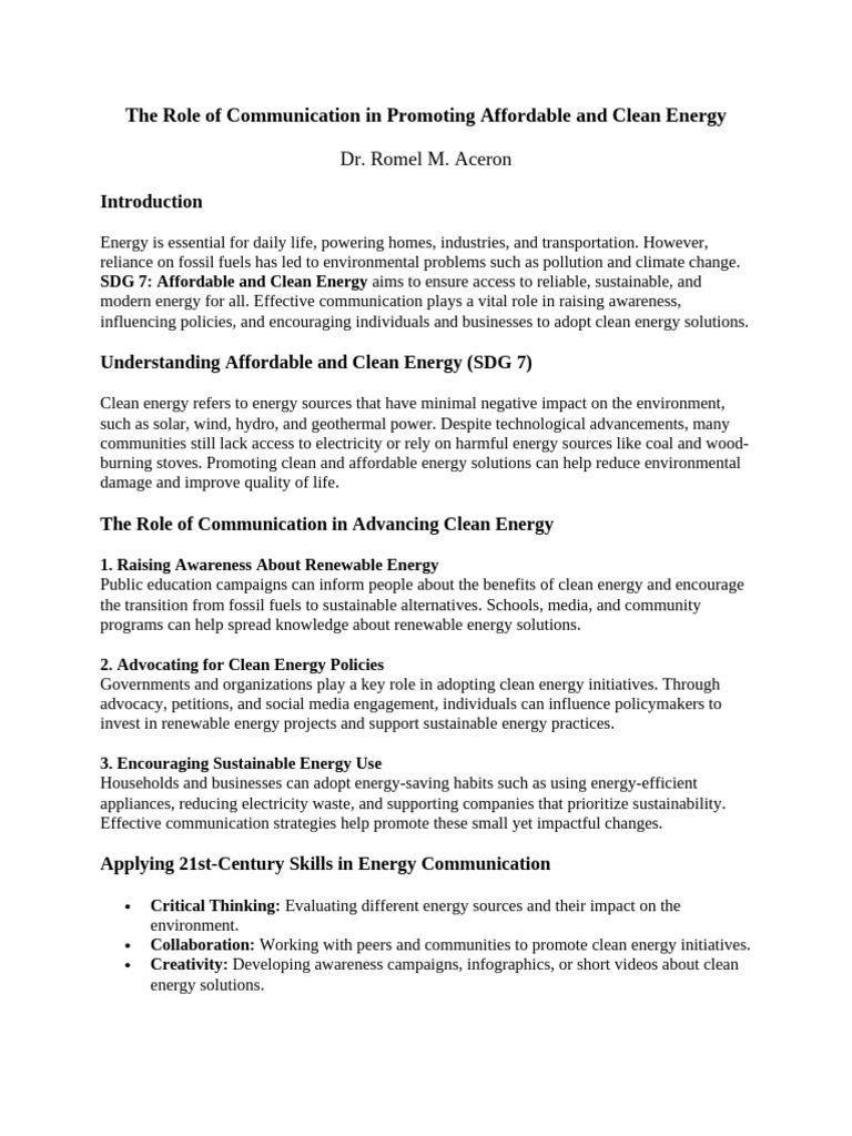 The Role of Communication in Promoting Affordable and Clean Energy ...