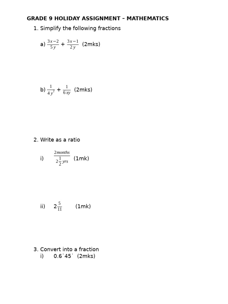 Grade 9 Holiday Assignment | PDF | Area | Mathematics
