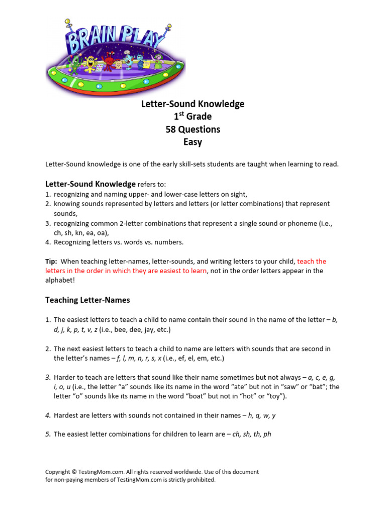 Reading Test 1st Grade - Letter Sound Knowledge (Easy) - Testing Mom ...