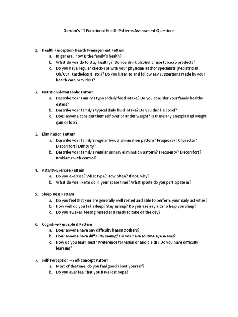 Gordon's 11 Functional Health Patterns Assessment | PDF | Menstruation ...