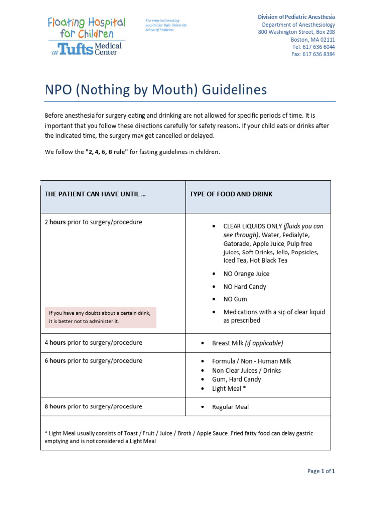 Npo Guidelines - Department of Anesthesiology - Floating Hospital For ...