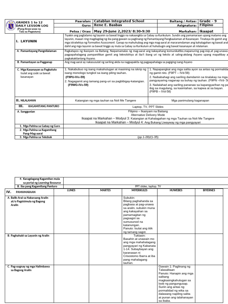 DLL - Filipino 9 - q4 Week #4 | PDF