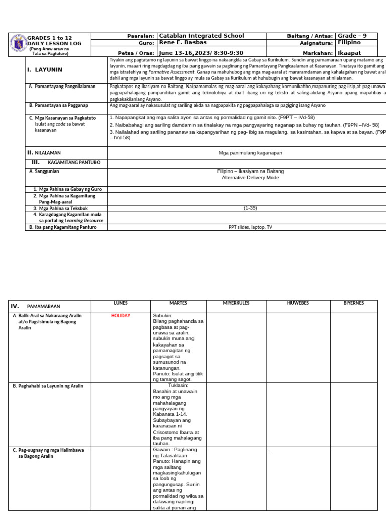 DLL - Filipino 9 - q4 Week #5 | PDF