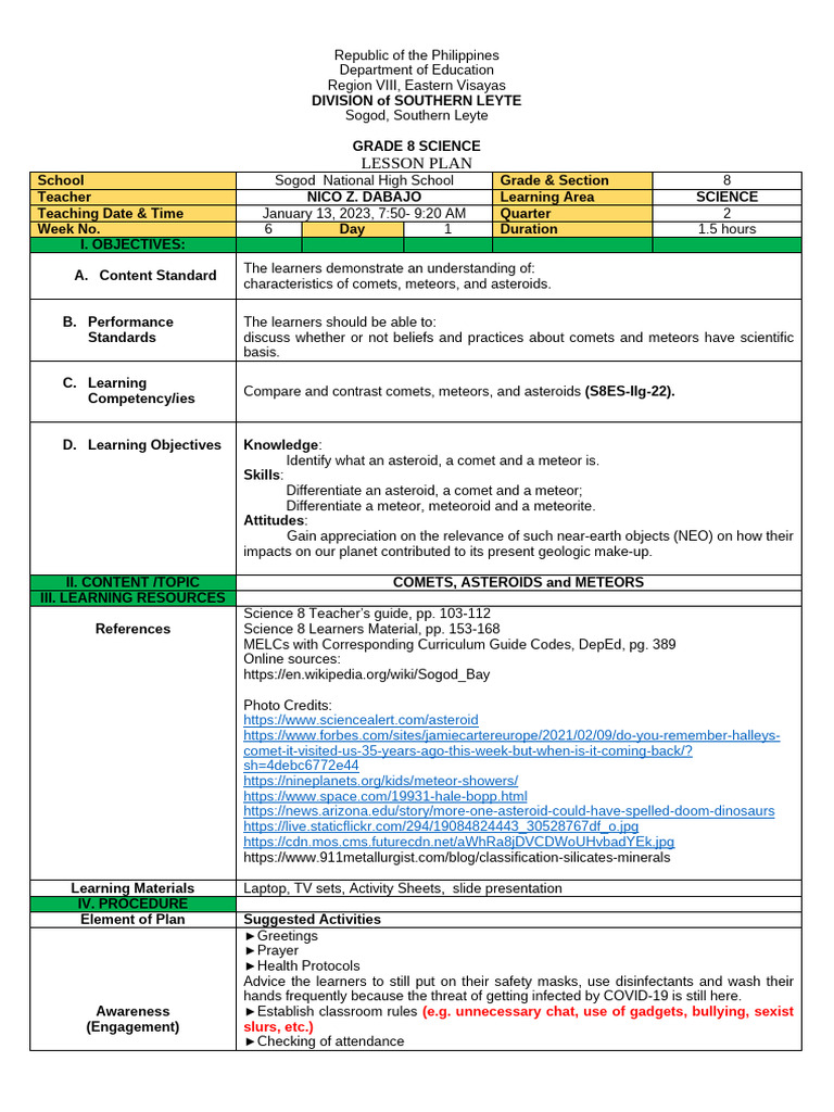 Nico Lesson Plan Sy2022 23 COT 2 ASTEROID | PDF | Meteoroid | Comet