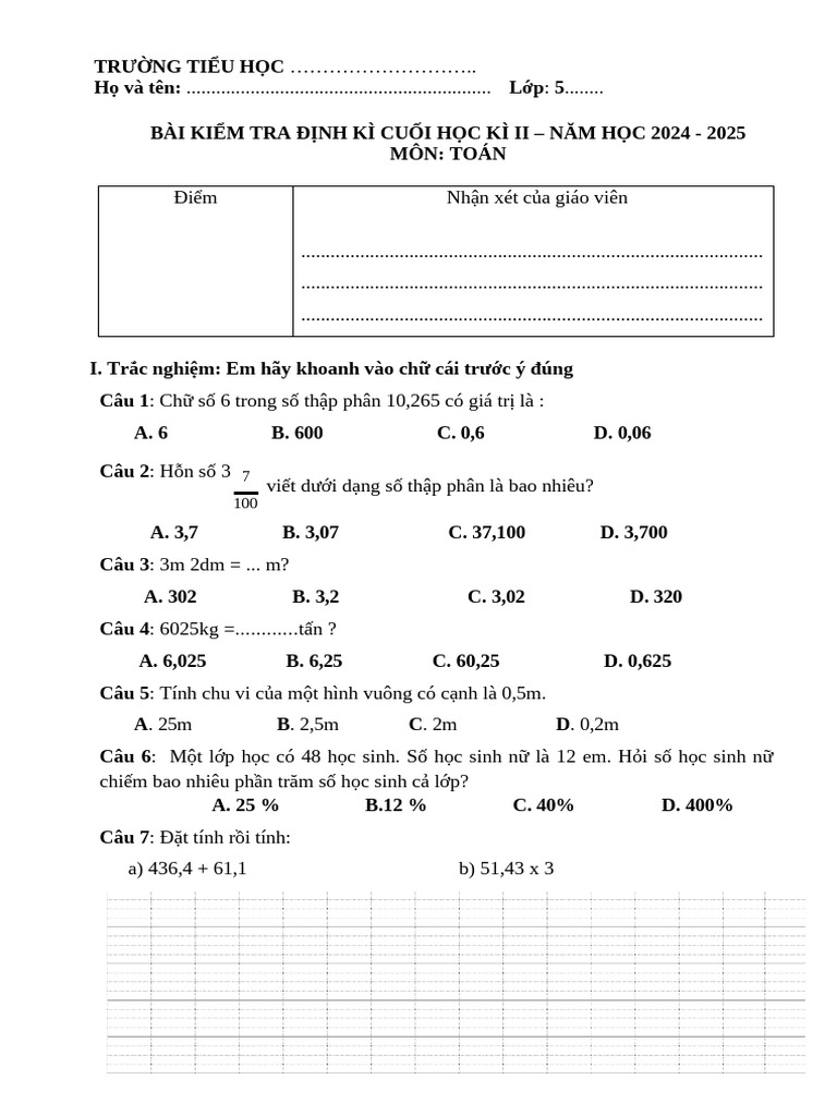 CK2 - Toán 5 - Đề 1. Kết nối | PDF