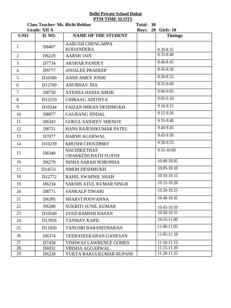 12 A 2025 - 26 PTM Time Slots | PDF