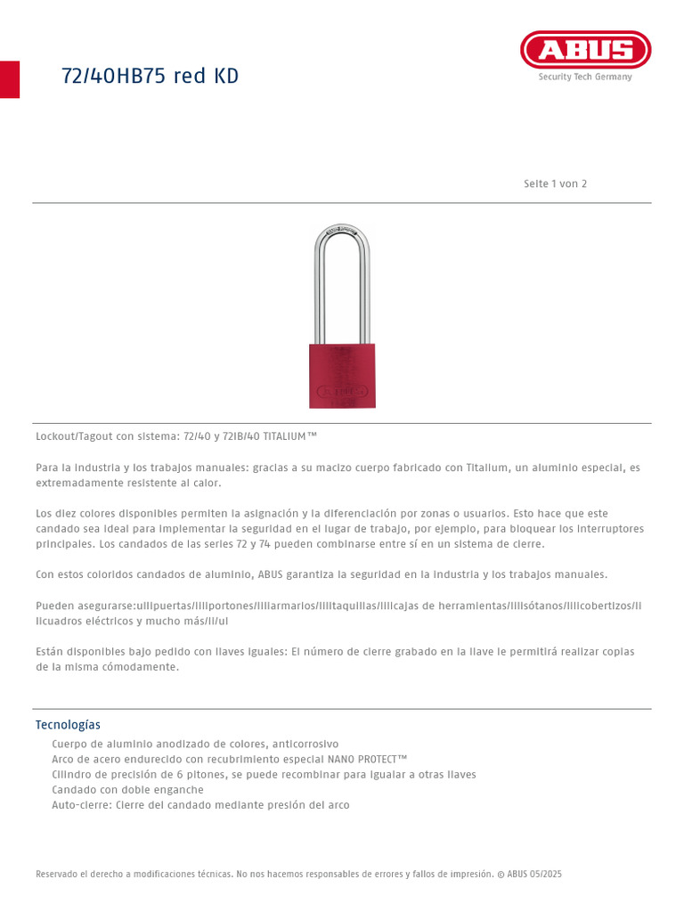 Ficha Tecnica Candado de Seguridad Arco 3 | PDF | Aluminio | Acero