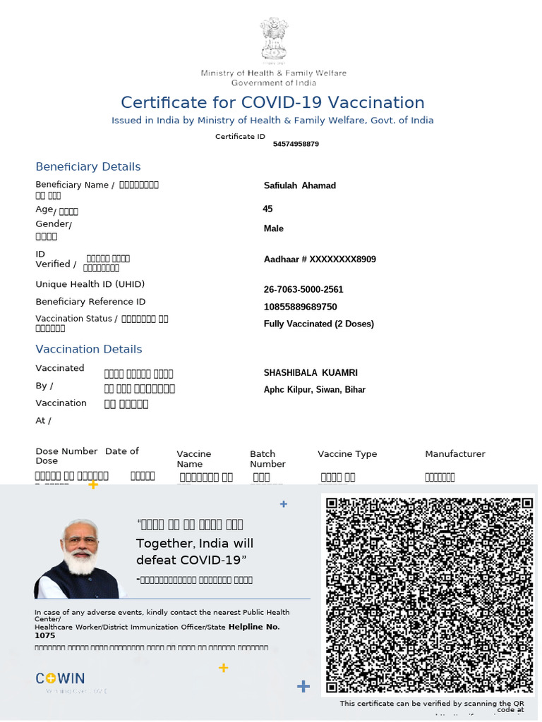 Safiulah Ahamad Covid Certificate | PDF