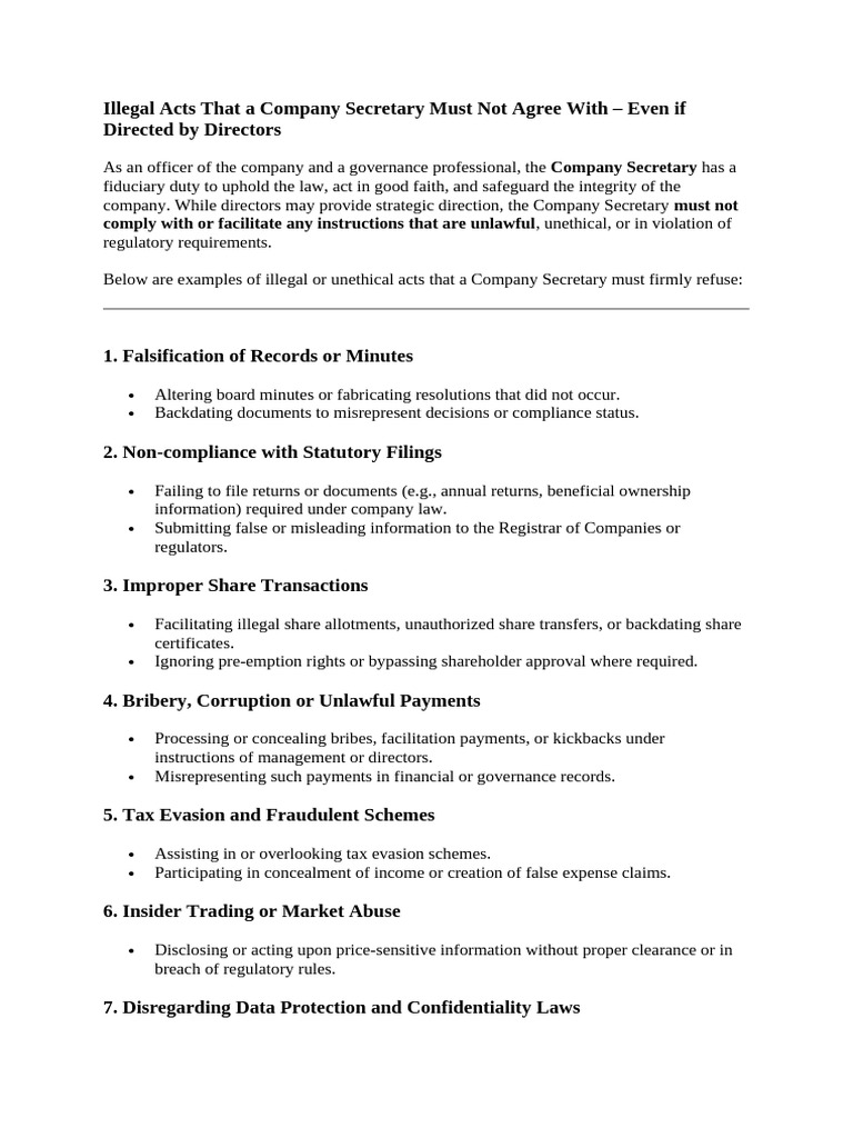 Illegal Acts That A Company Secretary Must Not Agree With | PDF ...