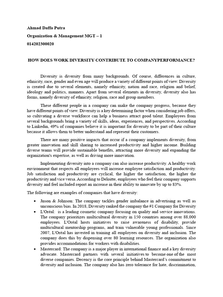 Essay Organization 0 Management - Ahmad Daffa Putra - MGT 1 | PDF | Multiculturalism | Diversity ...