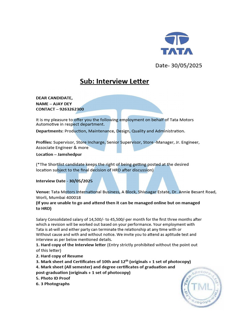 Interview Invitation for Ajay Dey | PDF