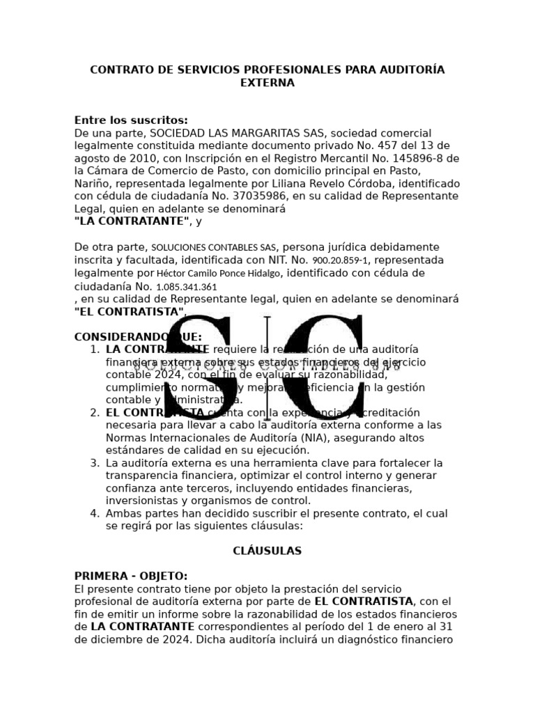 Contrato de Servicios Profesionales para Auditoría Externa | PDF | Auditoría | Contabilidad