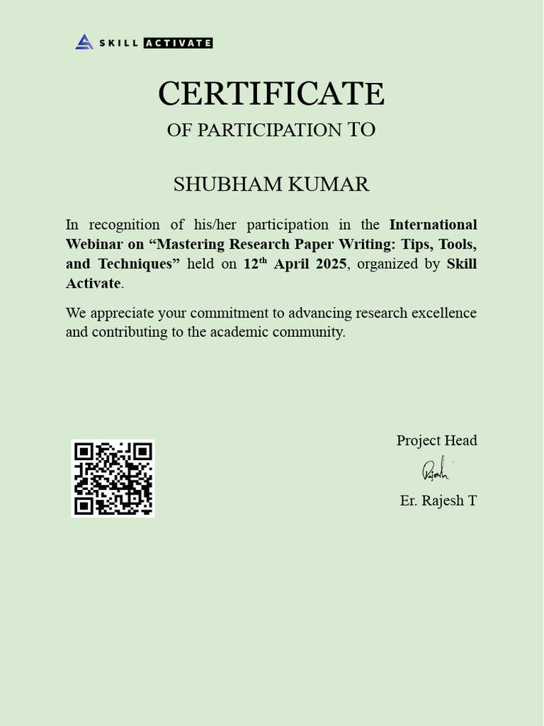 Certificate From Skill Activate SHUBHAM | PDF