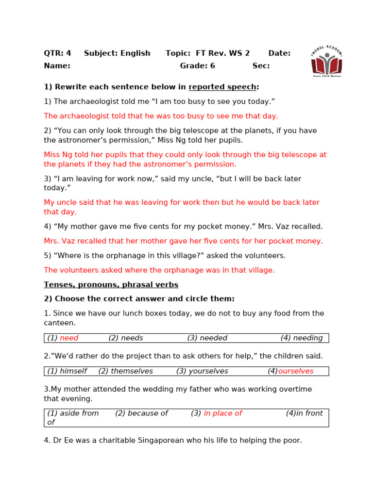 50 G6 FT Rev. WS 2 Grammar Ans.key | PDF | Solar System | Language Mechanics