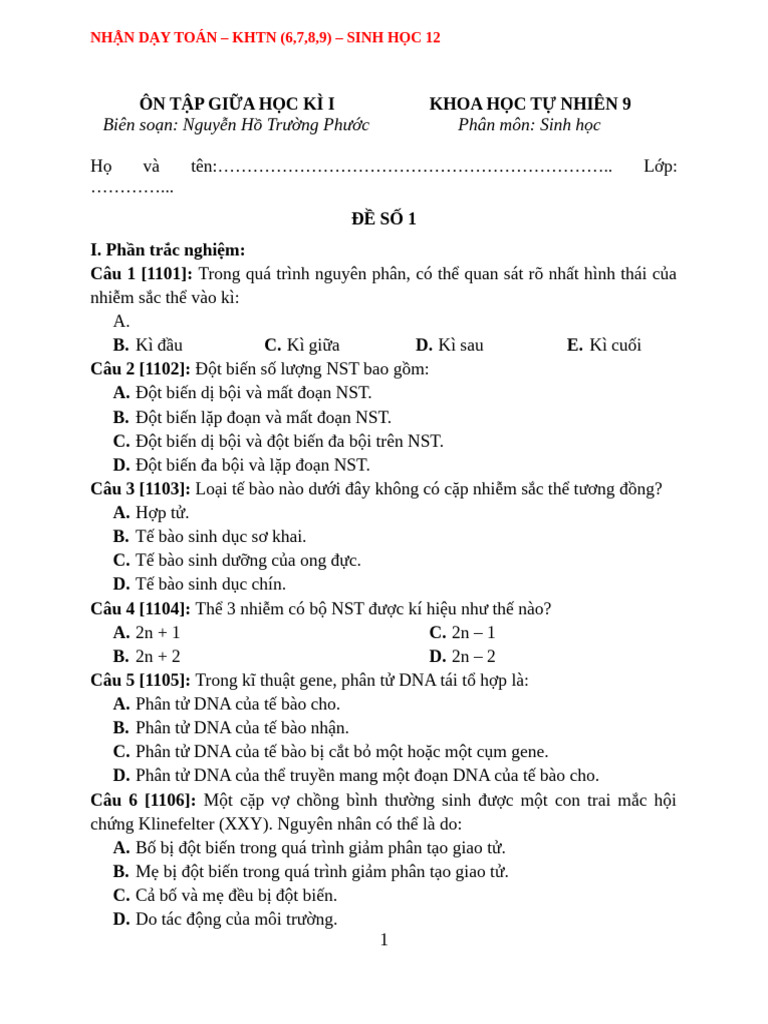 Ôn Tập GKII - Sinh 9 - Đề 1 | PDF