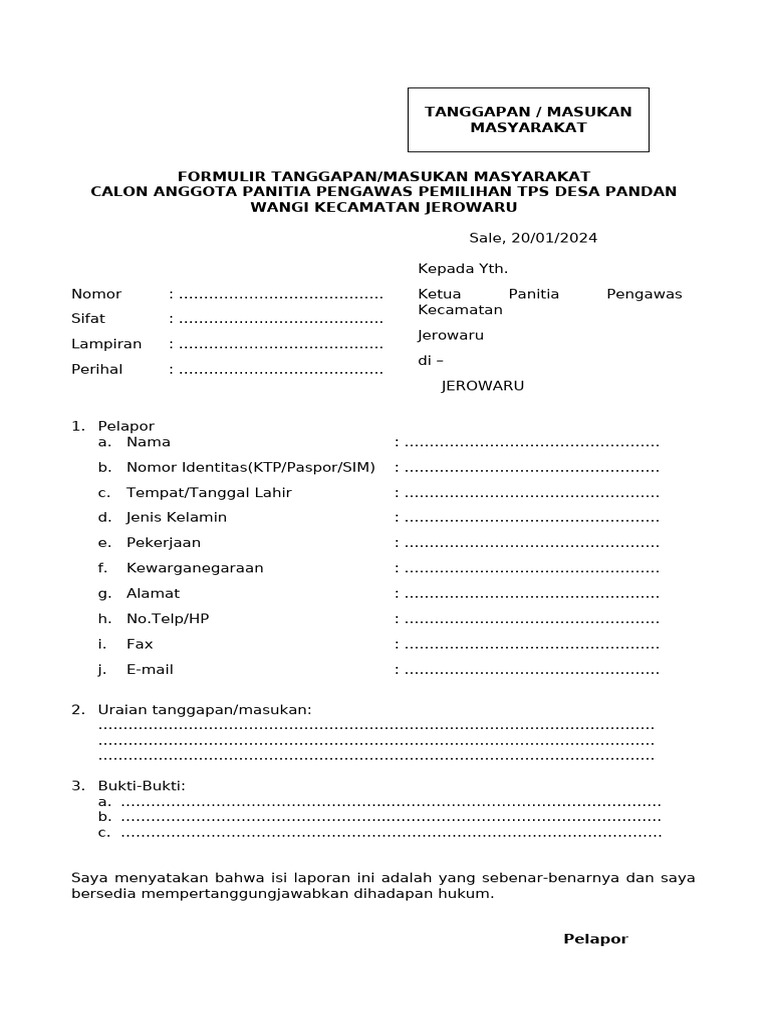 Form Tanggapan Atau Masukan Masyarakat | PDF