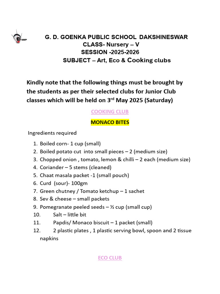 Junior Club Class Materials List 2 | PDF