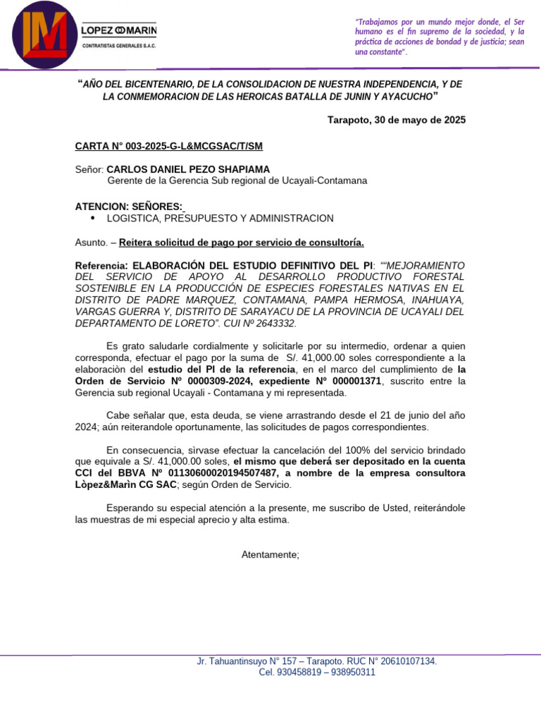 Carta Nro 001 2025 Lym | PDF