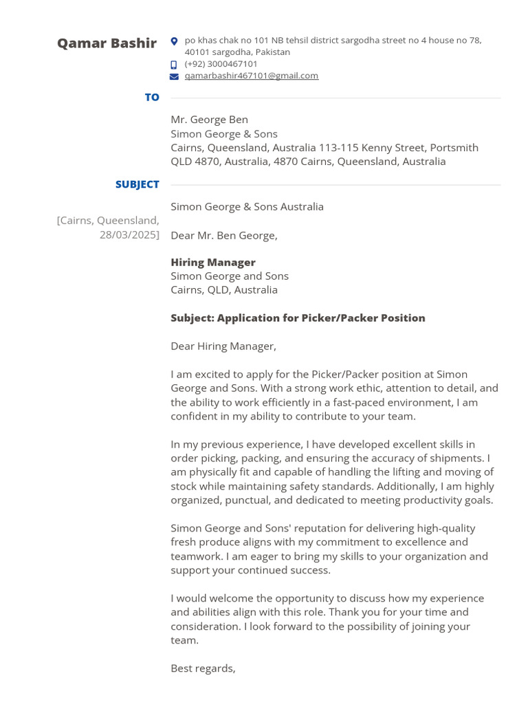 Cover Latter Pick and Pack | PDF
