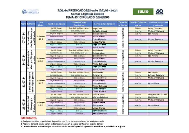 Rol de Predicadores 2024 Julio | PDF