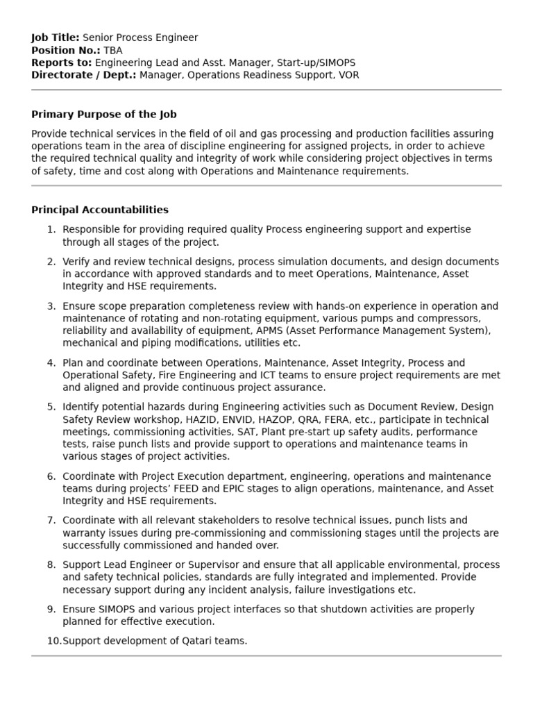 JD - OPR - Senior Process Engineer | PDF | Engineering | Safety