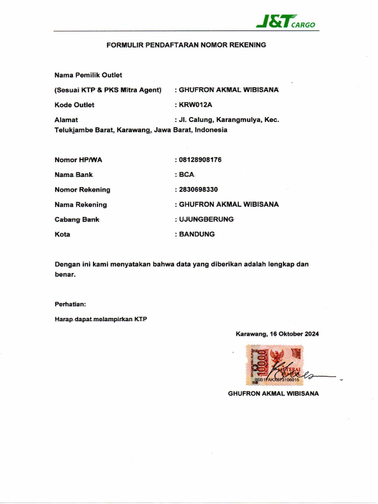 Form Pendaftaran Norek J&T Cargo | PDF