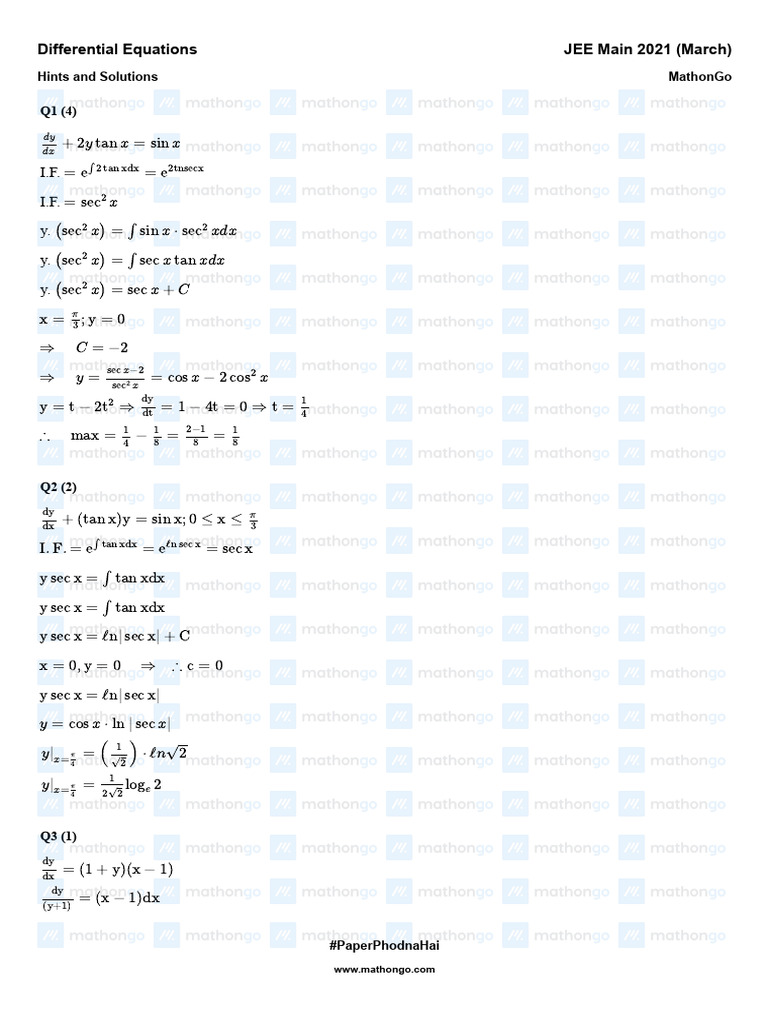 Differential Equations Solutions JEE 2021 | PDF