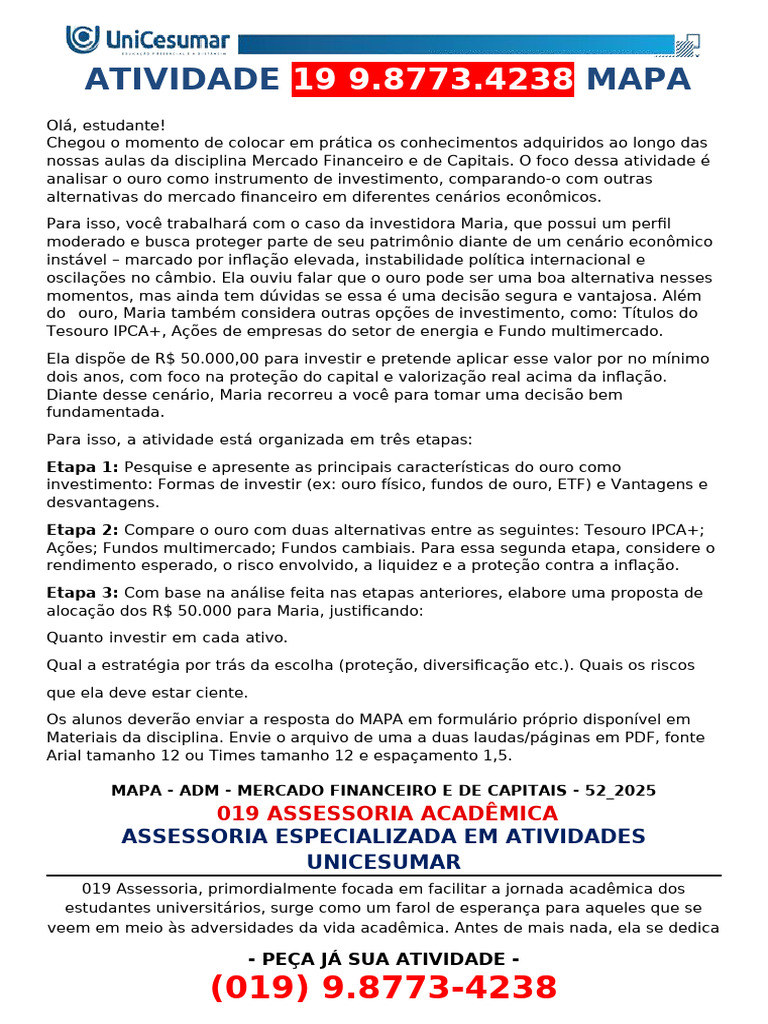 Atividade Mapa: Assessoria Especializada em Atividades Unicesumar | PDF | Fundos mútuos | Economias