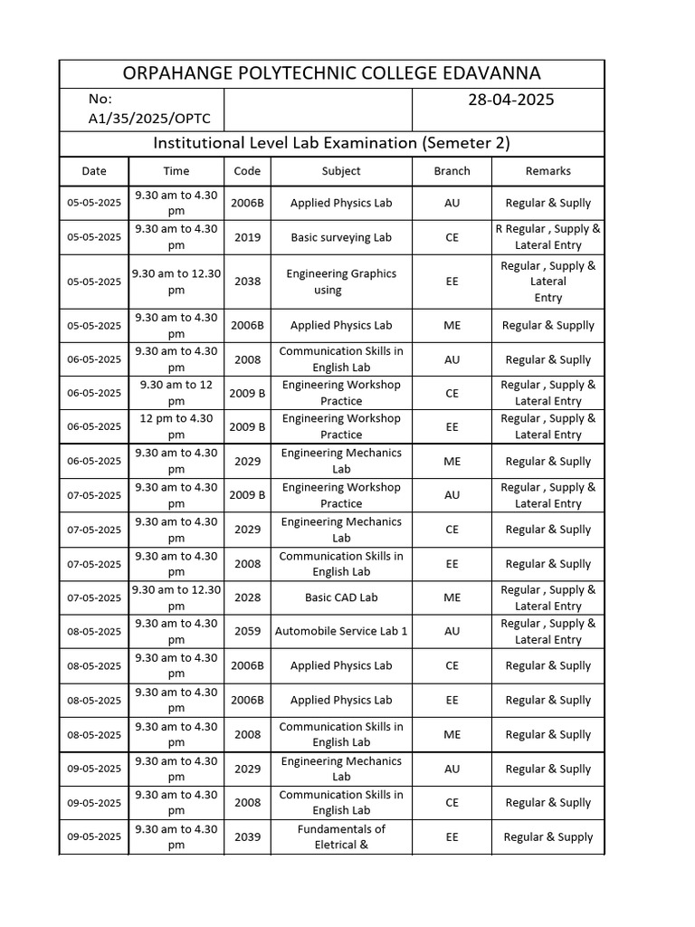 Revised S2 Inst Lab Exam Schedule Students | PDF | Engineering ...
