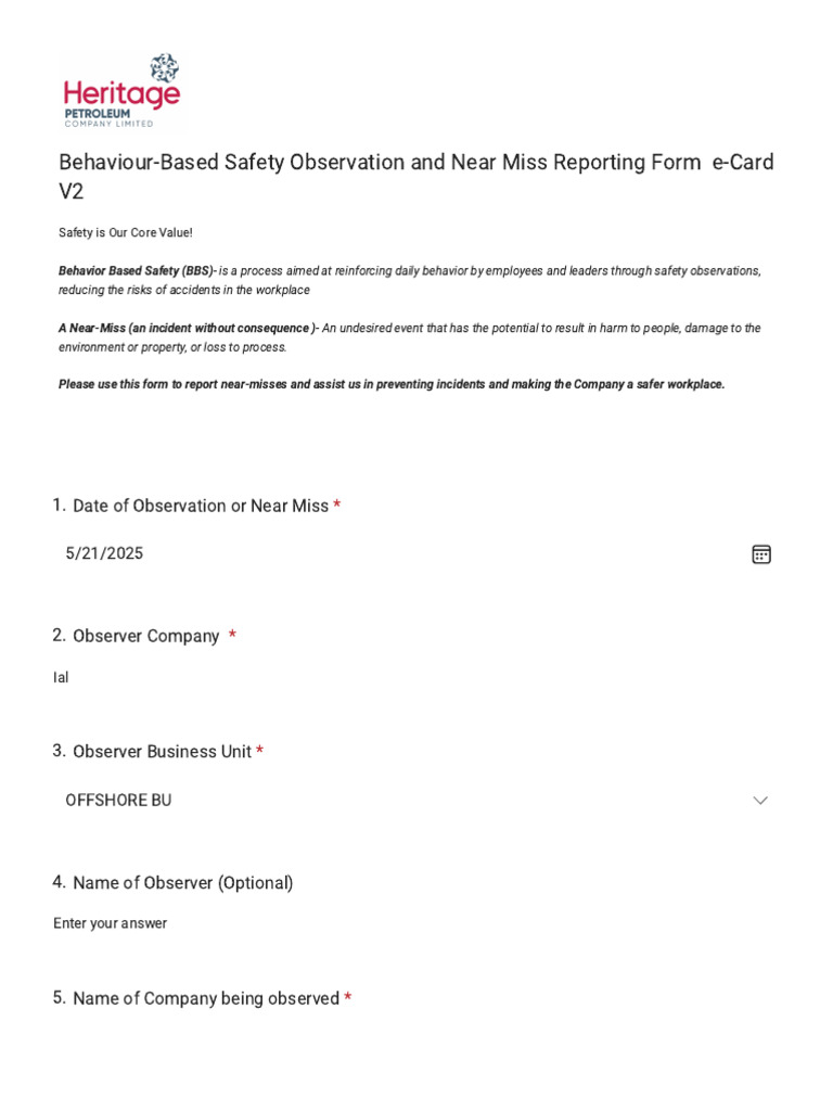 Behaviour-Based Safety Observation and Near Miss Reporting Form E-Card V2 | PDF | Safety | Risk